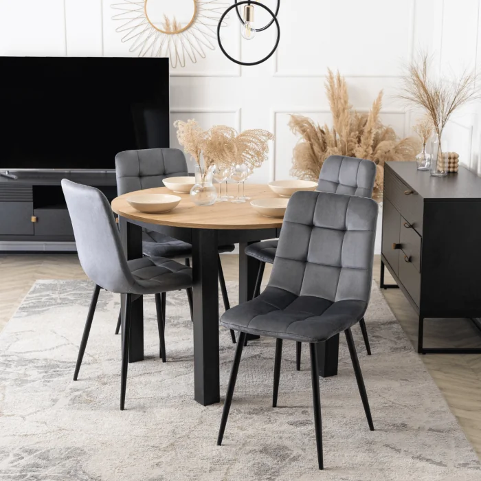 Zestaw Stół Okrągły Rozkładany HARRY 102-142 cm Dąb Artisan/Czarny i 4 Krzesła Tapicerowane PERU ...