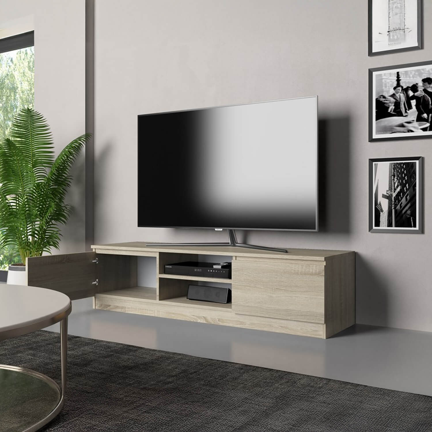 Szafka RTV NELA 140 cm Dąb Sonoma Dwudrzwiowa do Salonu Nowoczesna