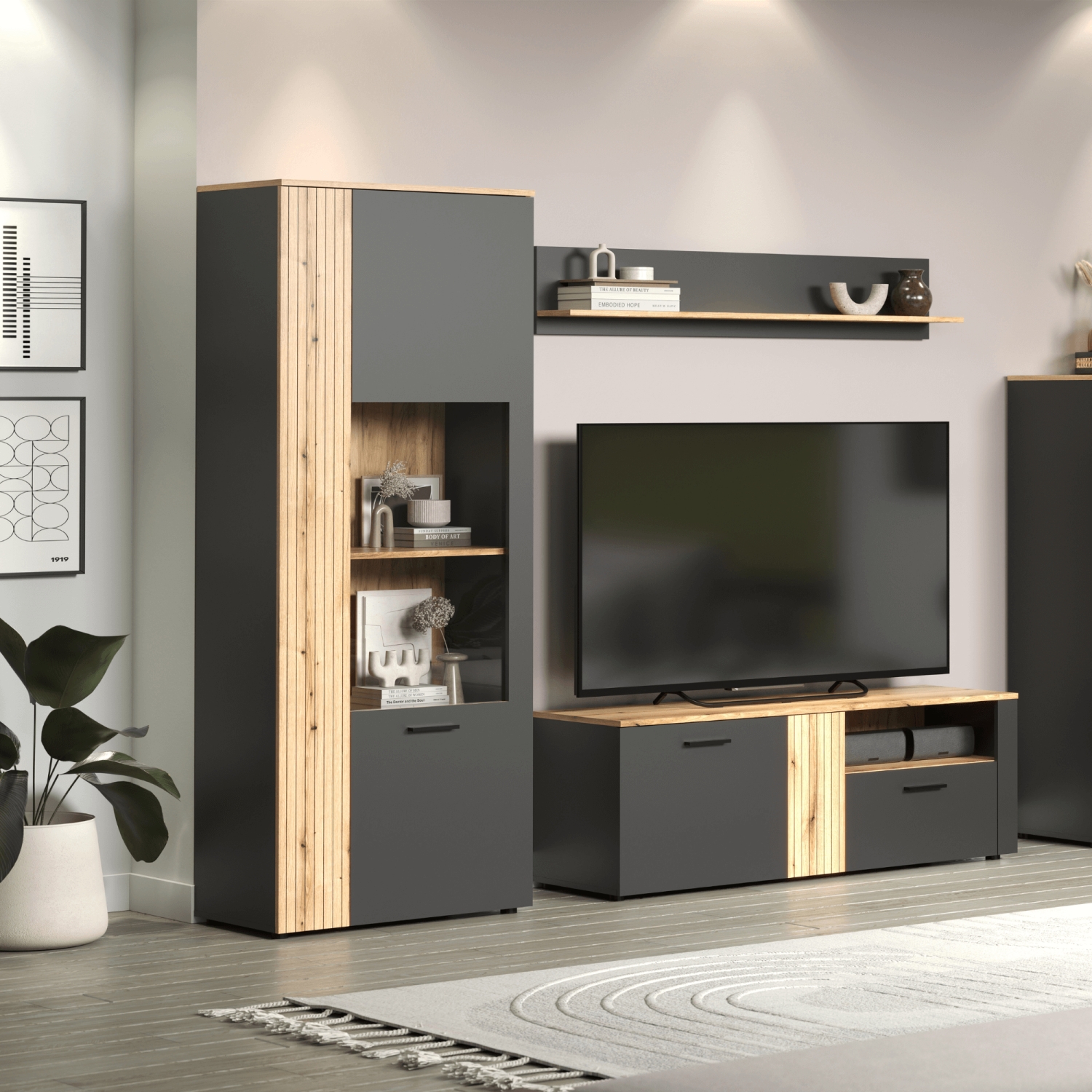 Witryna Przeszklona BESANTE 80 cm Grafit/Dąb Evoke Nowoczesna Loft