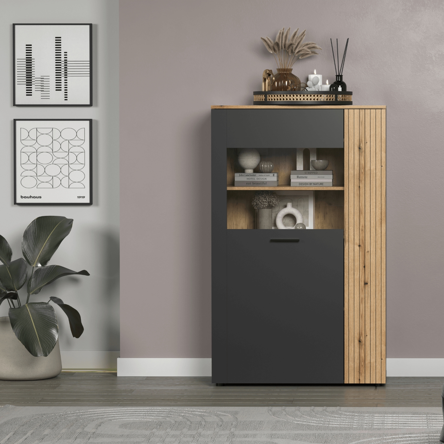 Witryna Niska BESANTE 90,4 cm Grafit/Dąb Evoke Nowoczesna Loft