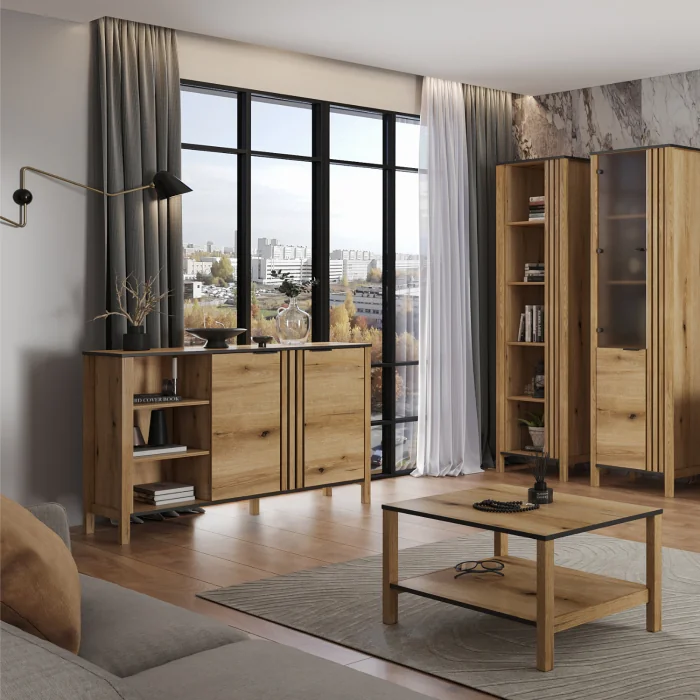 Komoda Dwudrzwiowa Drewniana z Lamelami do Salonu VERVE 138 cm Dąb Evok ...